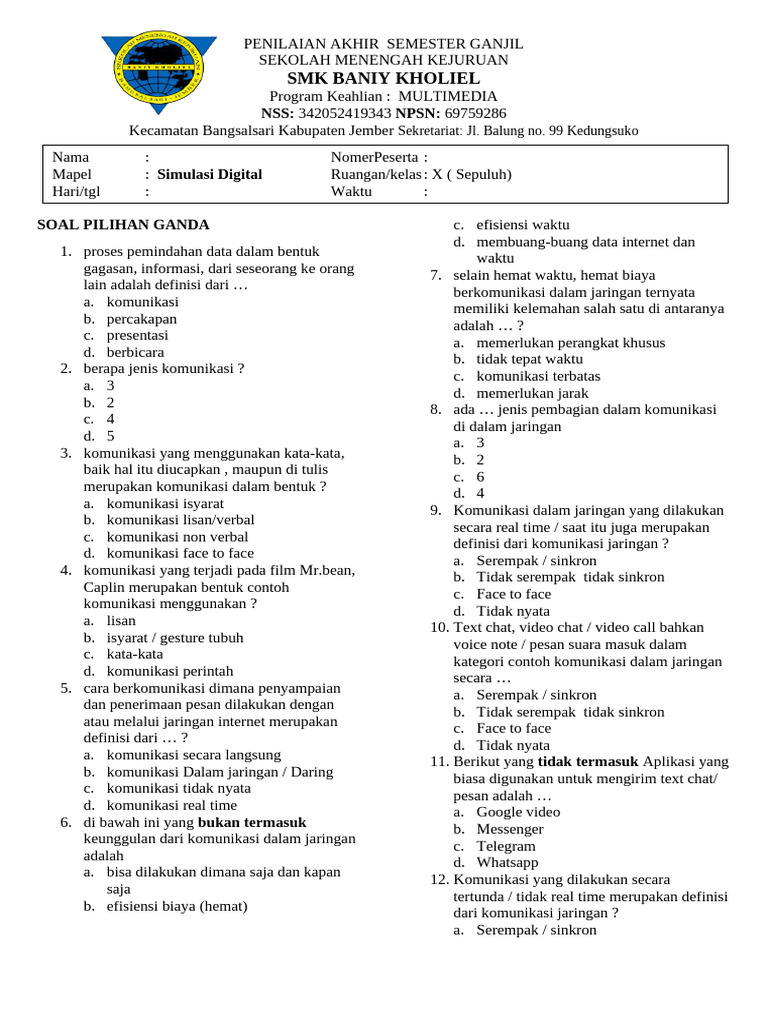 Simdig Soal Semester Ganjil 2022-2023 | PDF