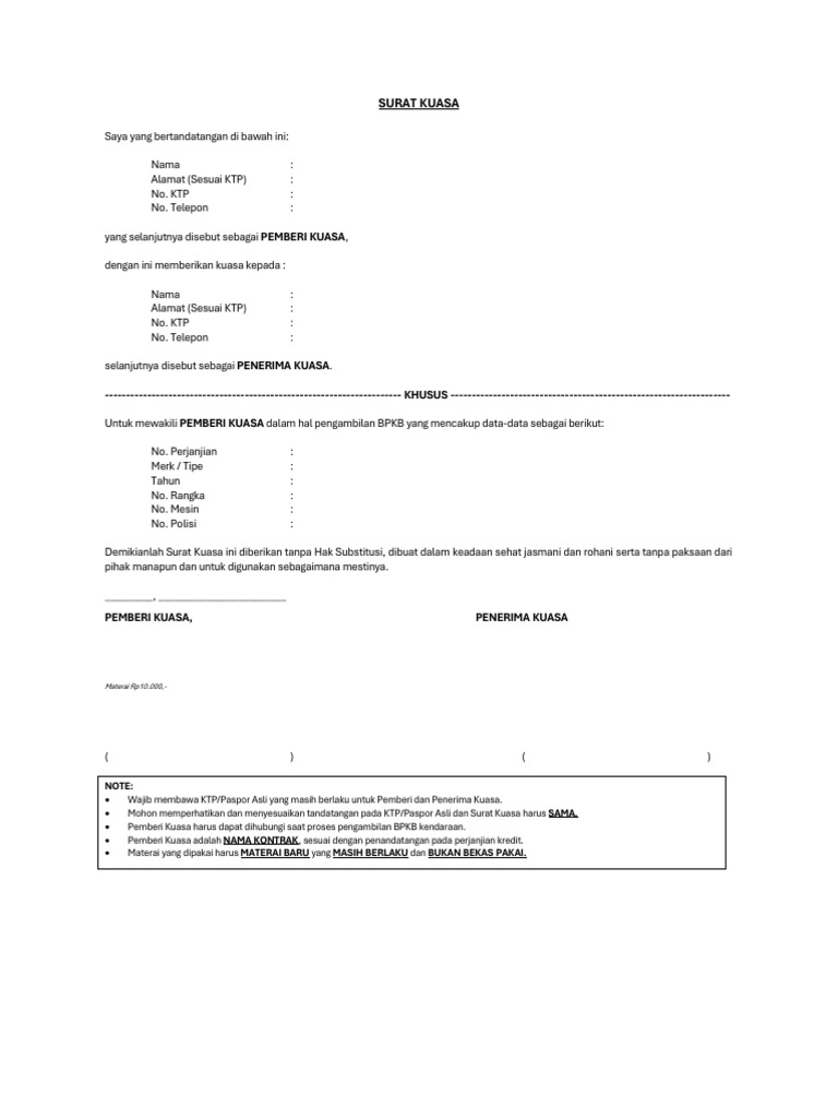 Surat Kuasa Pengambilan BPKB Perorangan | PDF