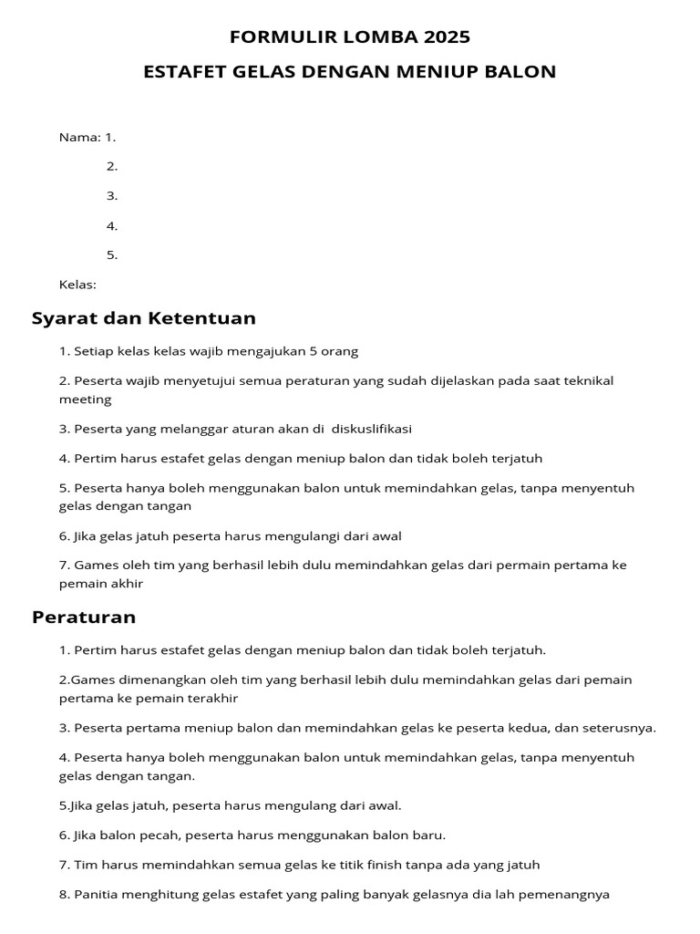 Formulir Lomba Estafet Gelas - 20250527 - 200338 - 0000 | PDF