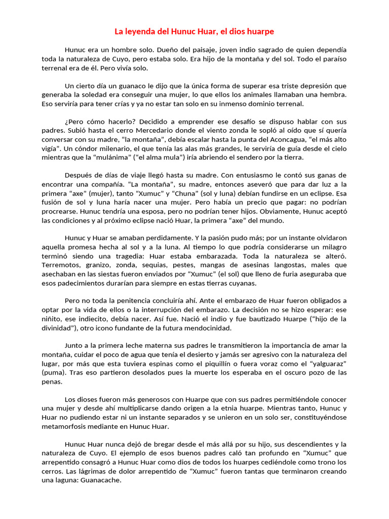 Leyenda de Hunuc Huar, dios huarpe | PDF