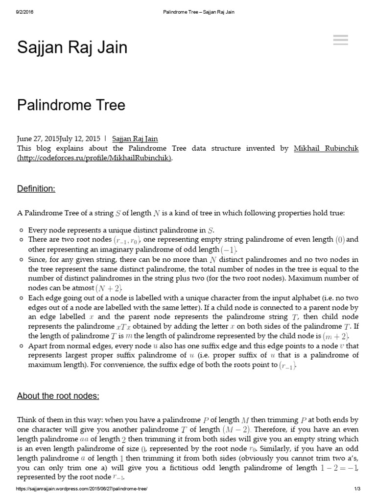 Palindrome Tree – Sajjan Raj Jain | PDF | String (Computer Science) | Applied Mathematics