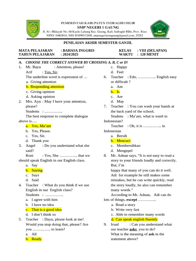 Soal Bahasa Inggris Kelas Viii Semester Ganjil | PDF
