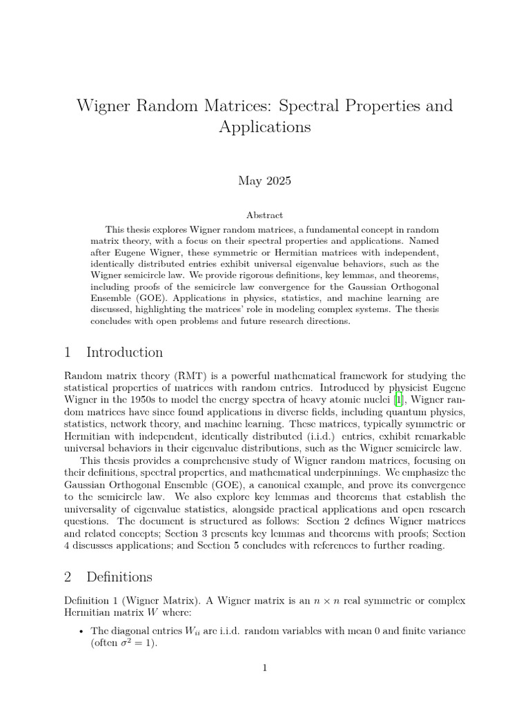 Wigner Random Matrices Spectral Properties and | PDF | Matrix ...