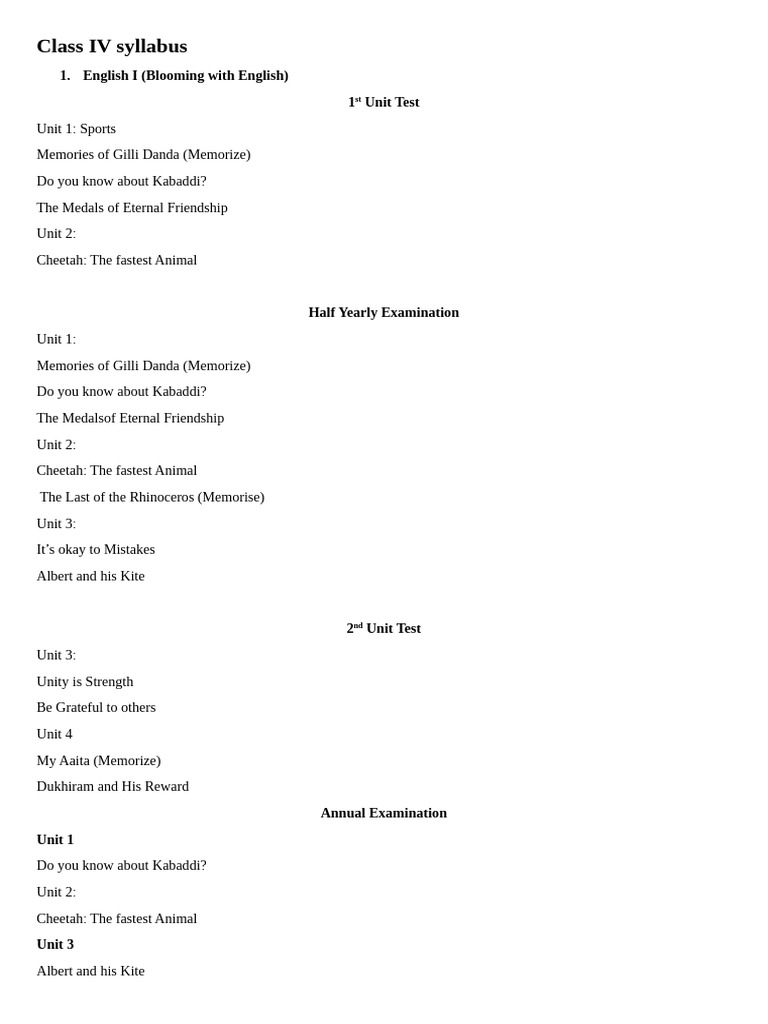 Class IV Syllabus 25-26 | PDF | Multiplication | Subtraction