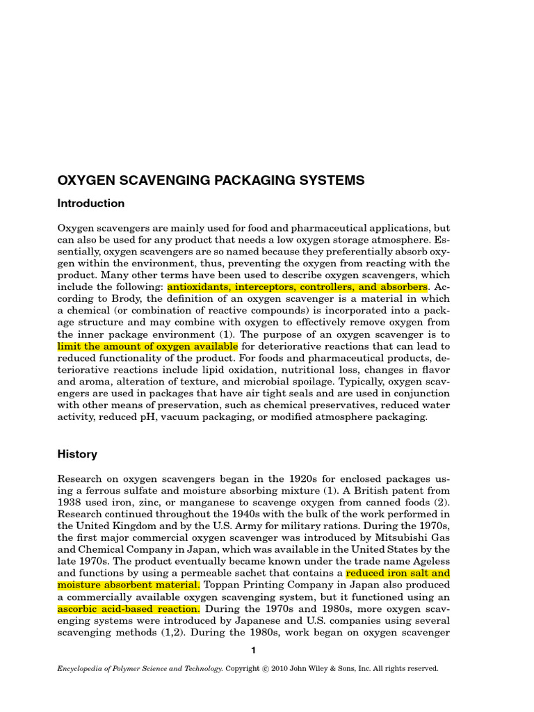 Oxygen Scavenging in Food Packaging | PDF | Oxygen | Chemistry