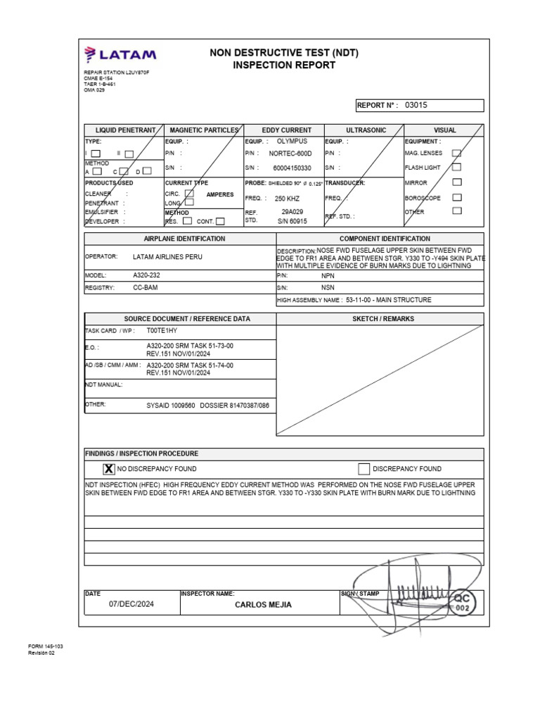 NDT Report Form 145-103 Hfec Damage10 Fr1 Y330 To-Y330 Skin With Burn ...