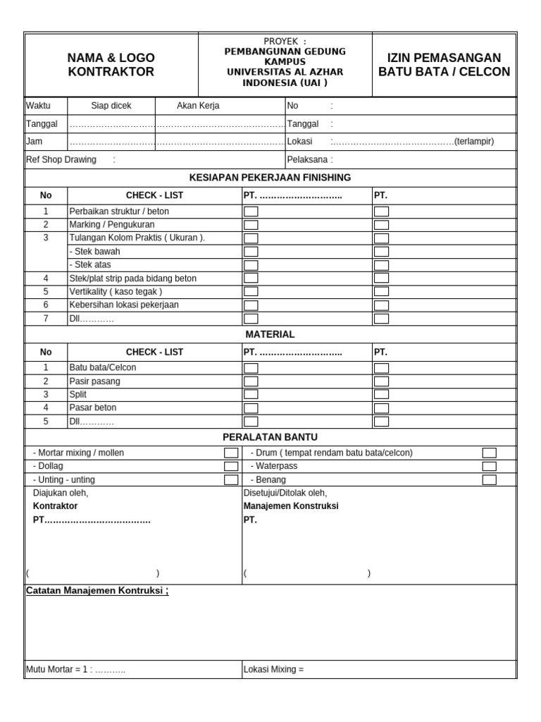 Form Ijin Pemasangan Batu Bata - Celcon | PDF