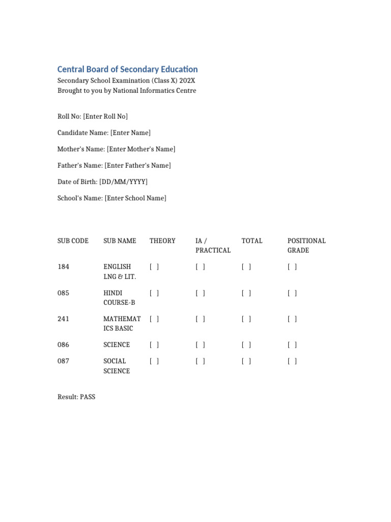 CBSE Class 10 Result Format Template | PDF