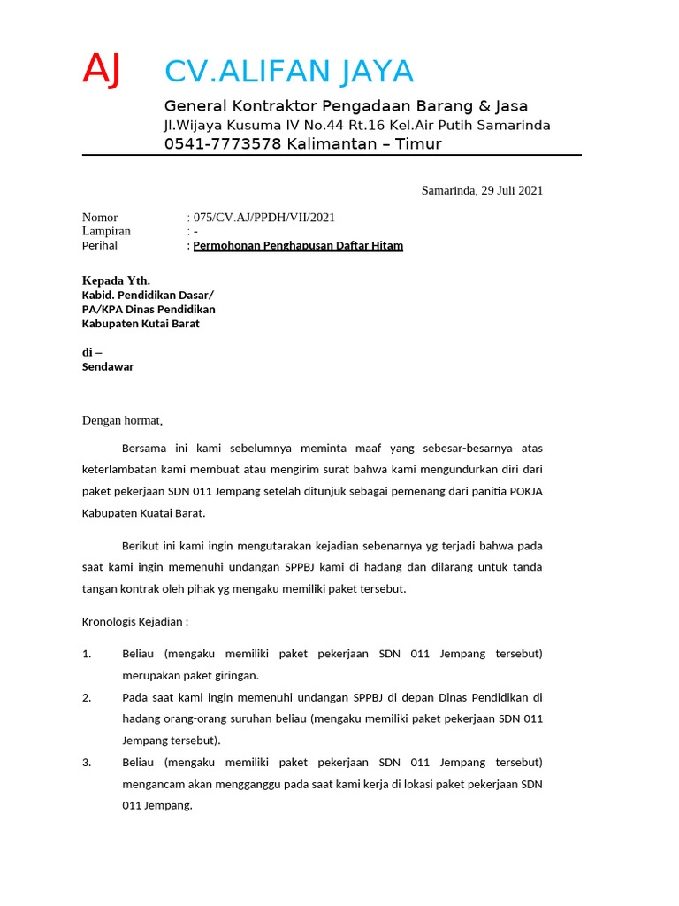 Permohonan Hapus Daftar Hitam .CV - alifAN JAYA | PDF