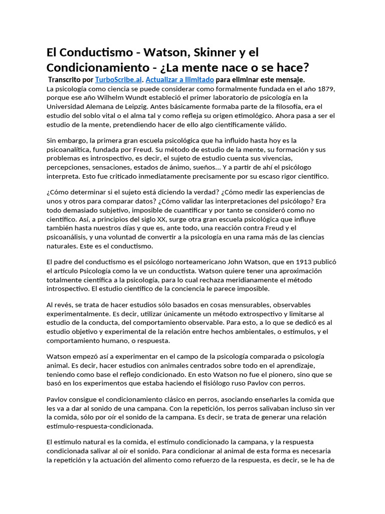 Conductismo: Watson y Skinner | PDF | Behaviorismo | Sicología