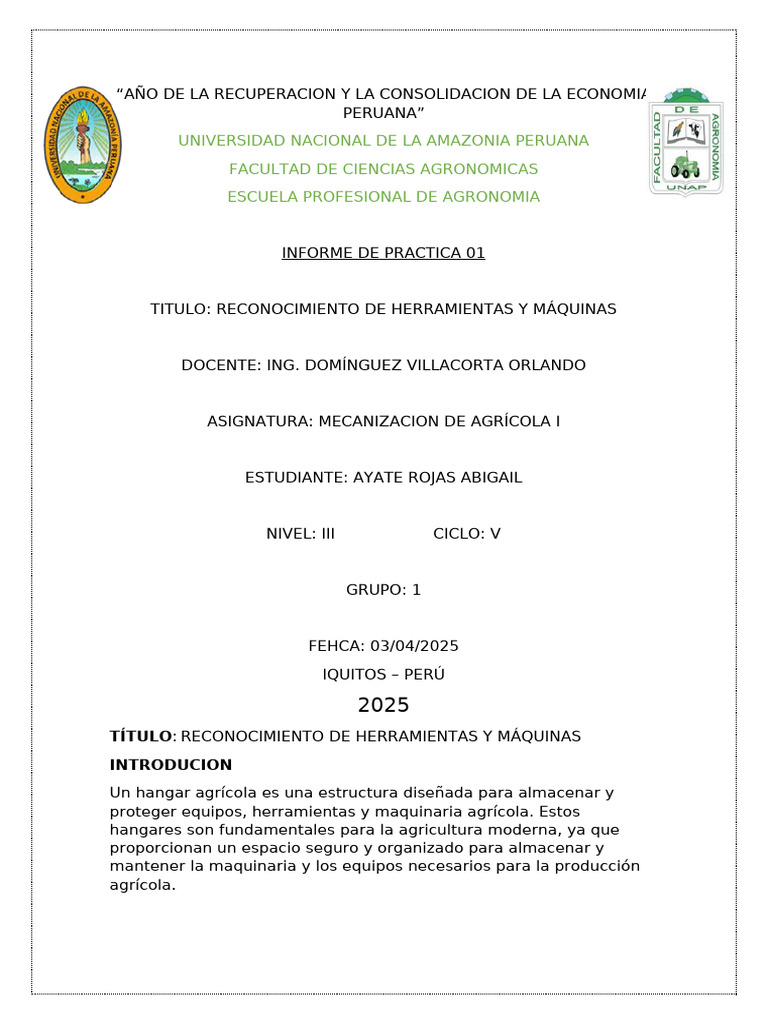 Mecanizacion Pract. 01 | PDF | Agricultura | Maquinaria de agricultura