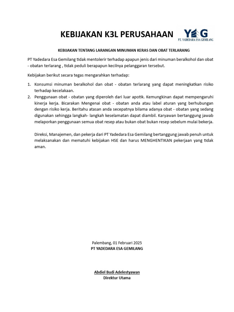 Kebijakan K3L Larangan Minuman Keras Dan Obat Terlarang | PDF