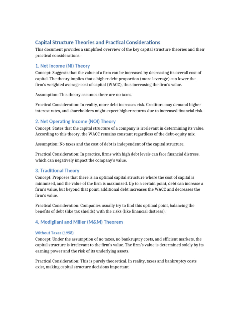 Capital Structure Theories and Practical Considerations | PDF | Capital ...