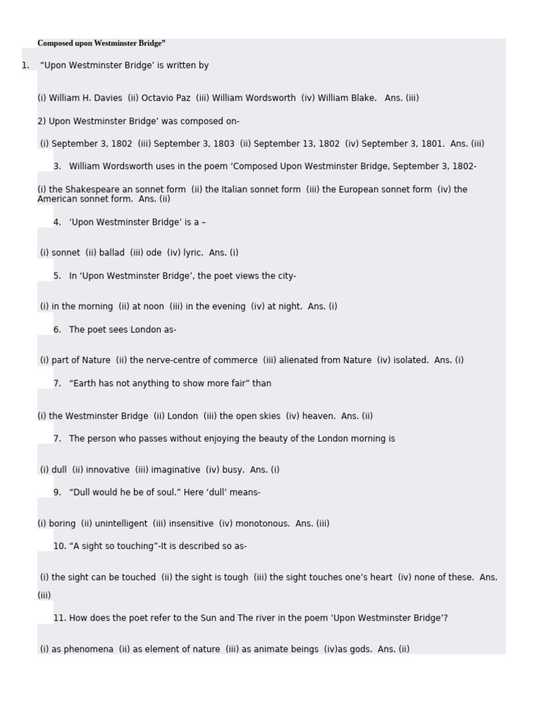 Composed Upon Westminster Bridge | PDF | Sonnets | Poetry