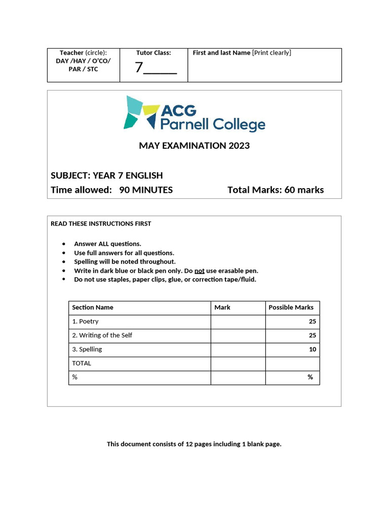 Year 7 Exam S1 May 2023 May | PDF