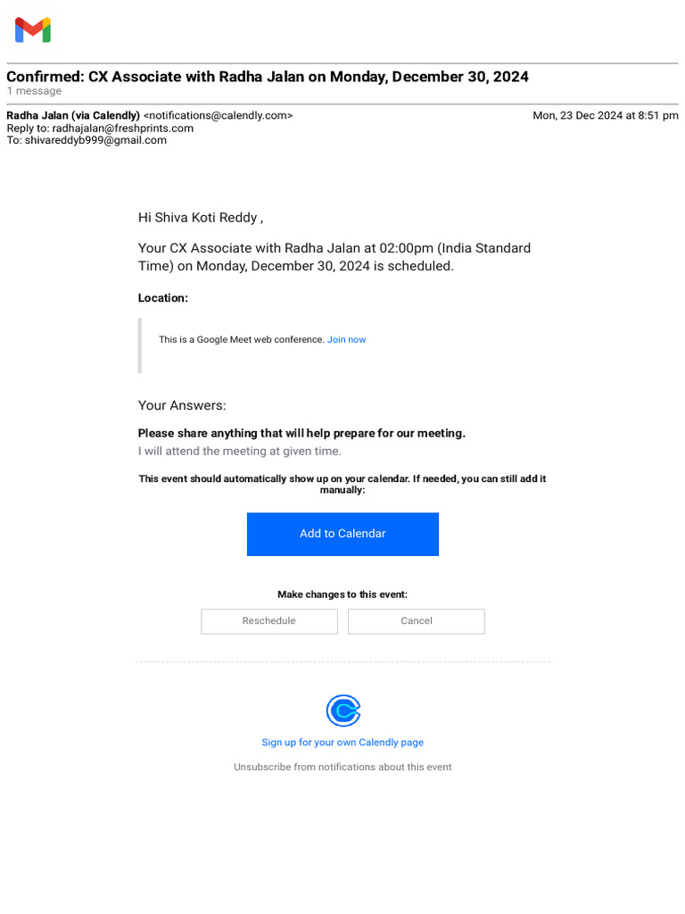 Gmail - Confirmed - CX Associate With Radha Jalan On Monday, December ...