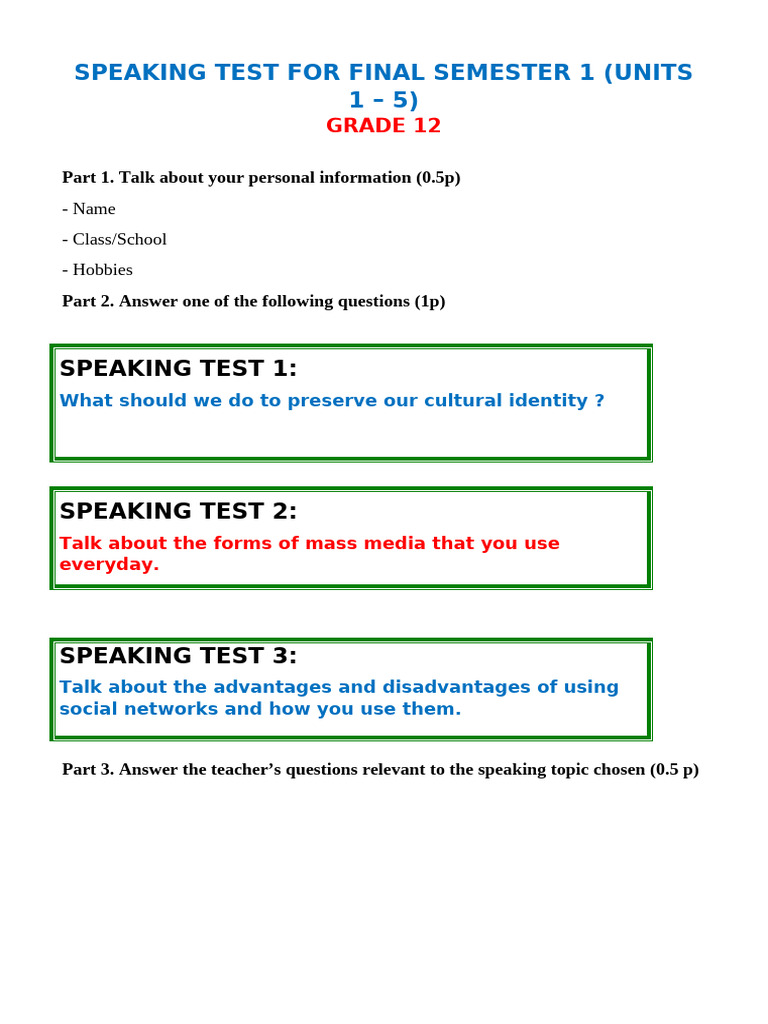Grade 12 English Speaking Test Guide | PDF