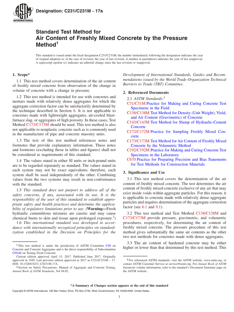 ASTM C231 - C231M-17A Air Content of Freshly Mixed Concrete by The Pressure Method | PDF ...