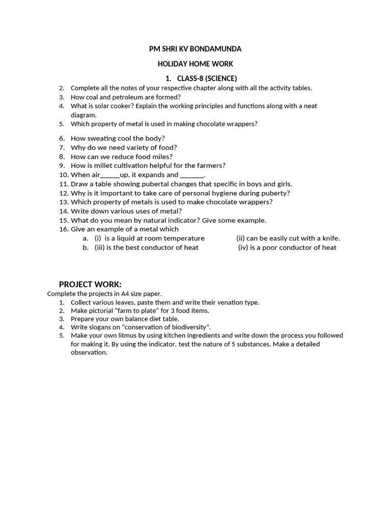 Holiday Home Work Class 8 Sc. | PDF