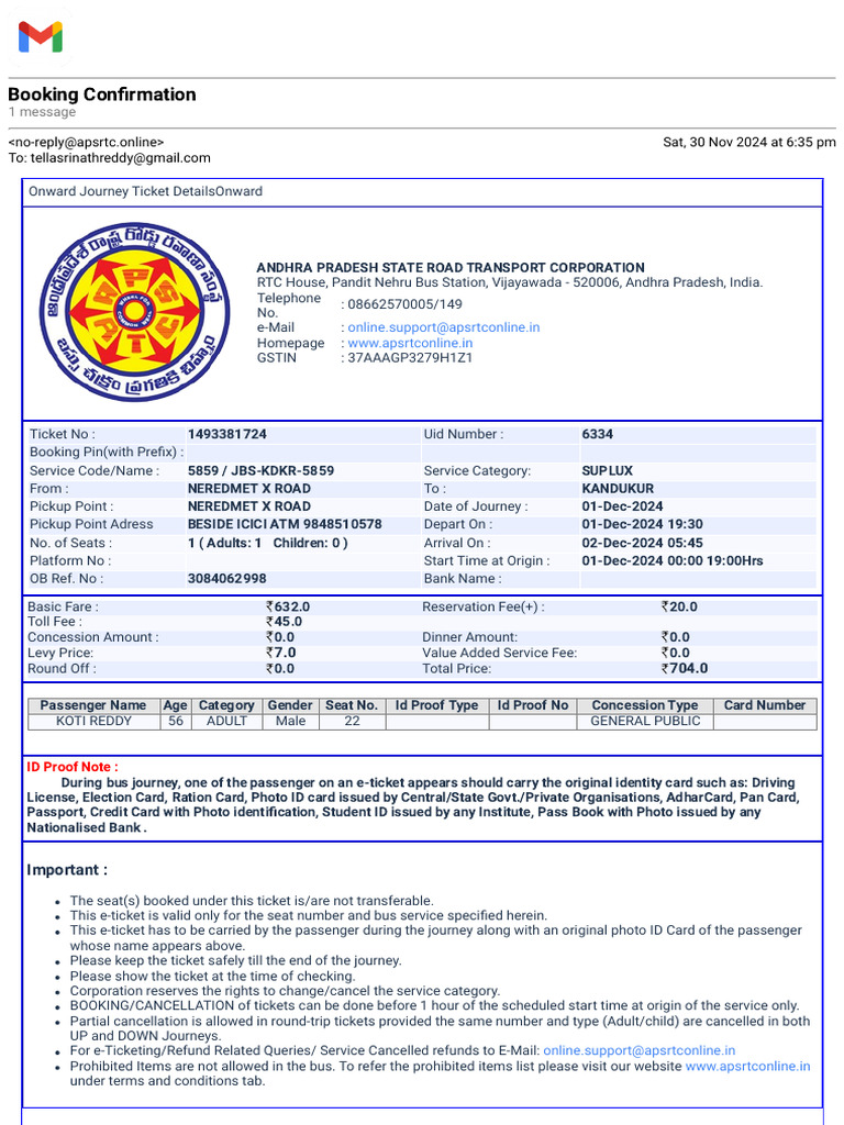 Gmail - Booking Confirmation | PDF | Identity Document