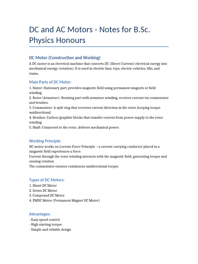 DC and AC Motors BSC Physics | PDF | Electric Motor | Electrodynamics