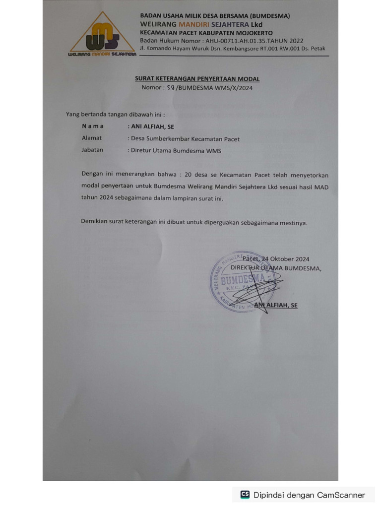 SP Penyertaan Modal Bumdesma 2024 | PDF