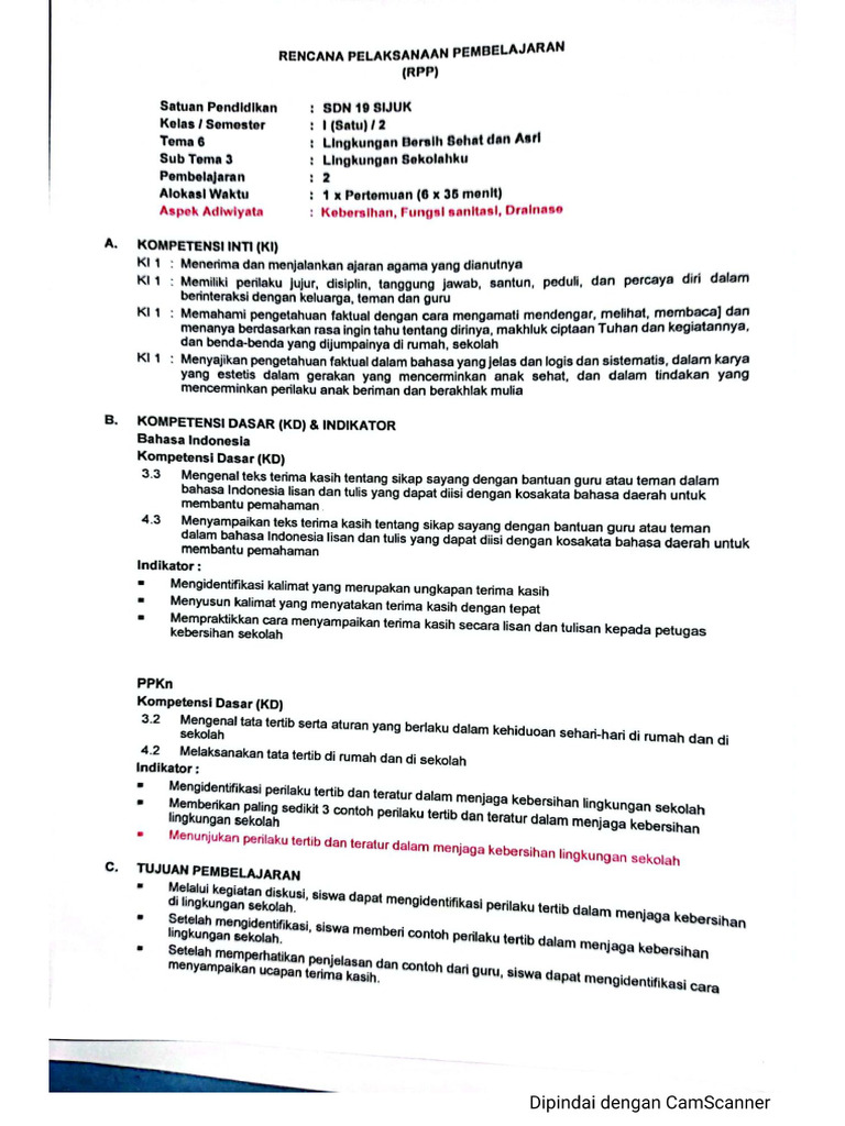 RPP Kelas 1 - Kebersihan, Fungsi Sanitasi, Drainase | PDF