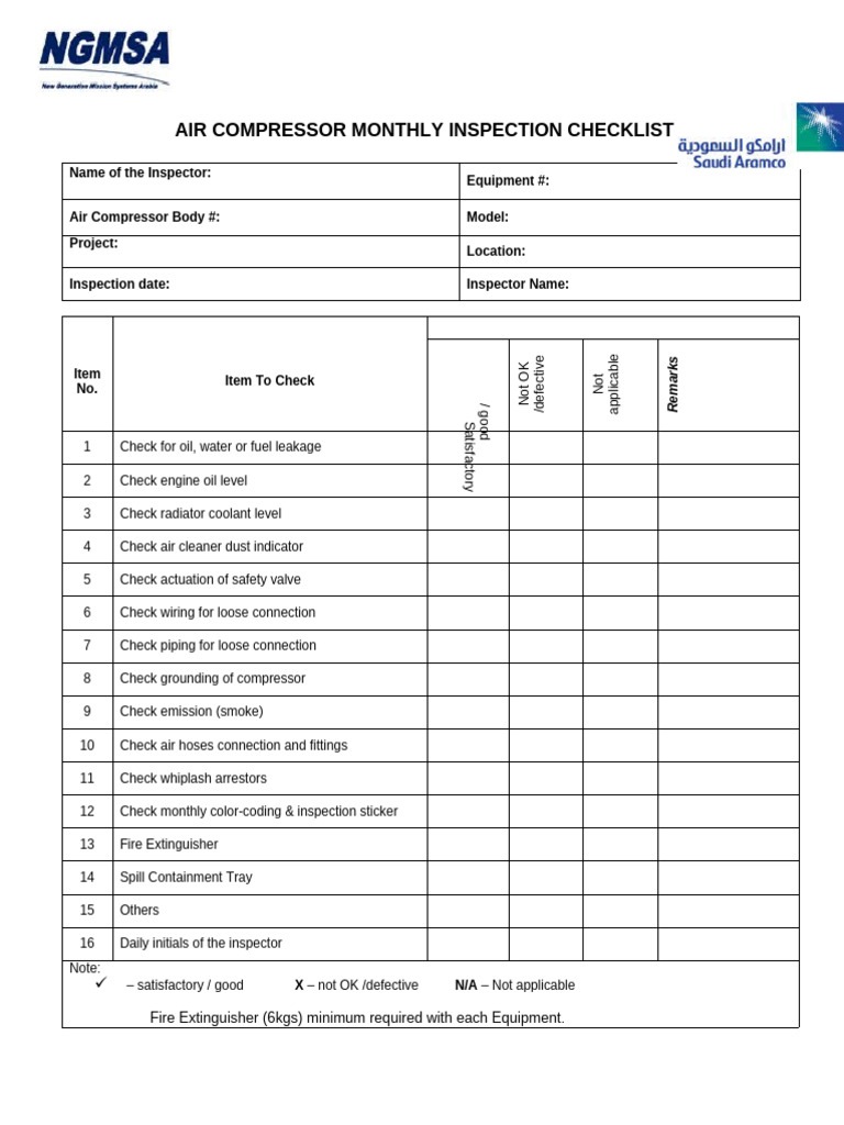 Air Compressor Monthly Checklist | PDF