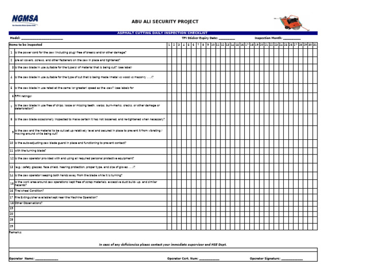 Asphalt Cutter Daily Checklist | PDF | Equipment | Manufactured Goods