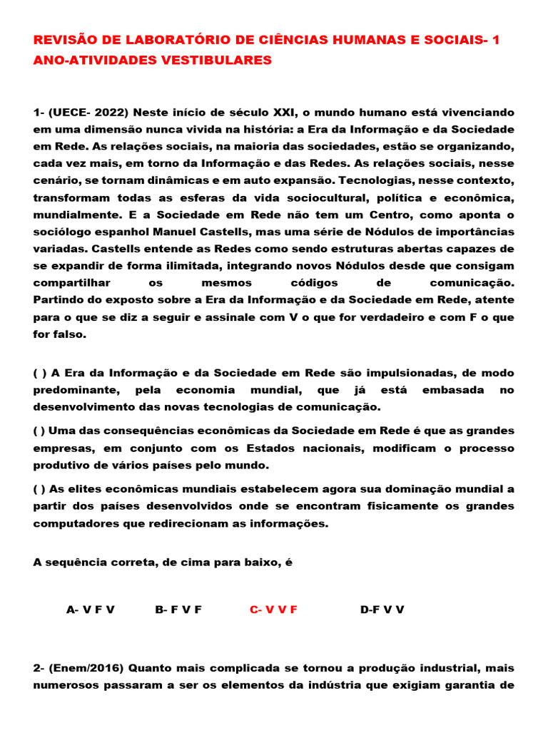 Documento 558 - Revisão de Laboratório de Ciências Humanas e Sociais - 1 Ano | PDF | Sociologia ...