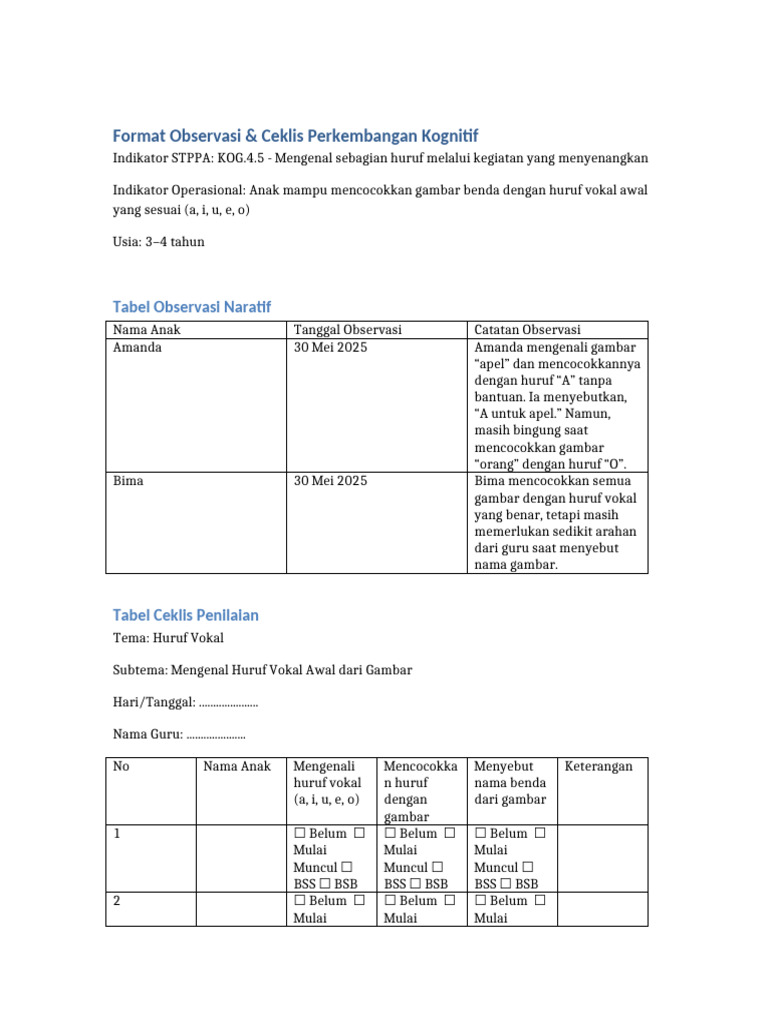 Format Observasi Ceklis Kognitif Huruf Vokal 3-4 Tahun | PDF