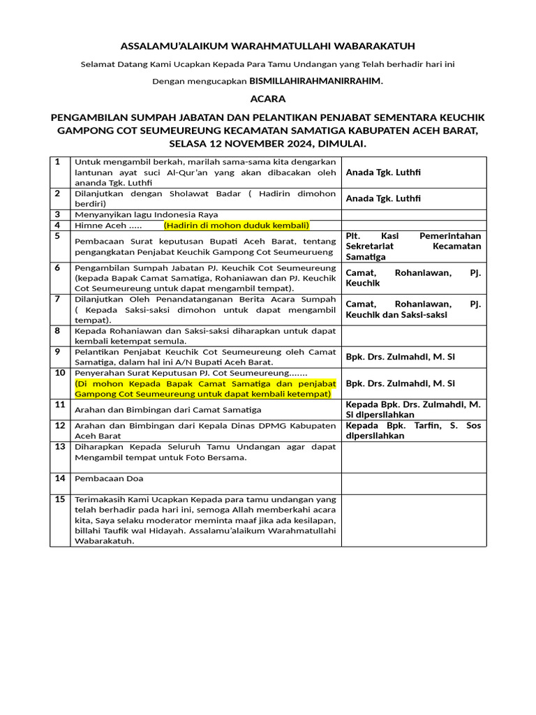 Daftar Acara Pelantikan | PDF