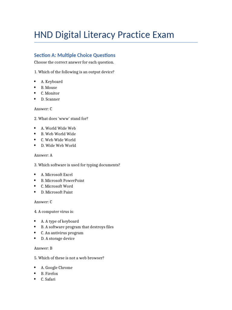 HND Digital Literacy Practice Exam Guide | PDF