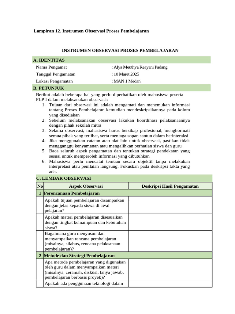 Lampiran 12. Instrumen Observasi Proses Pembelajaran | PDF