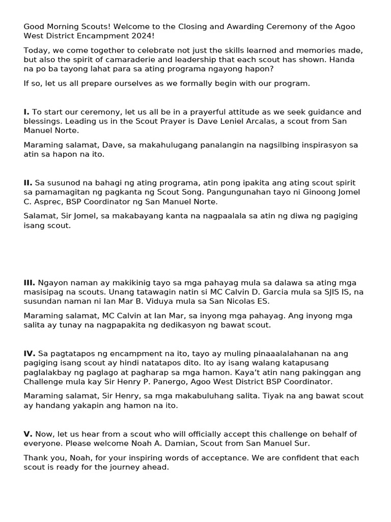 BSP 2024 Script (Closing) | PDF