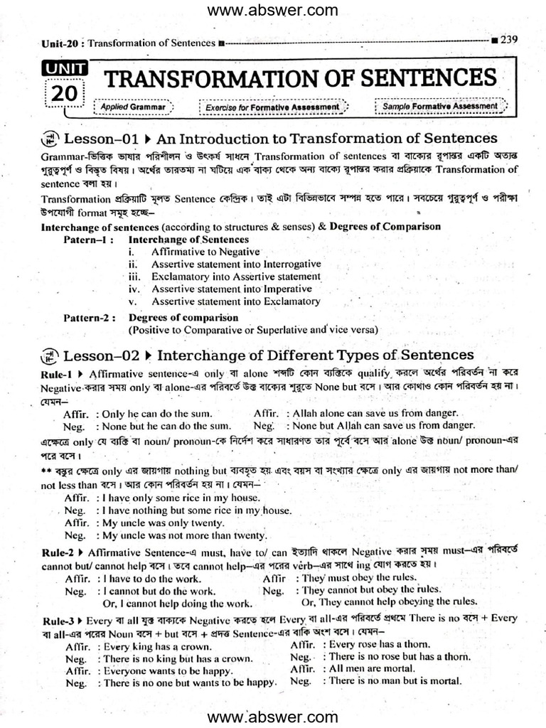 Unit (20) Transformation of Sentences - Class 6 English Grammar Book | PDF