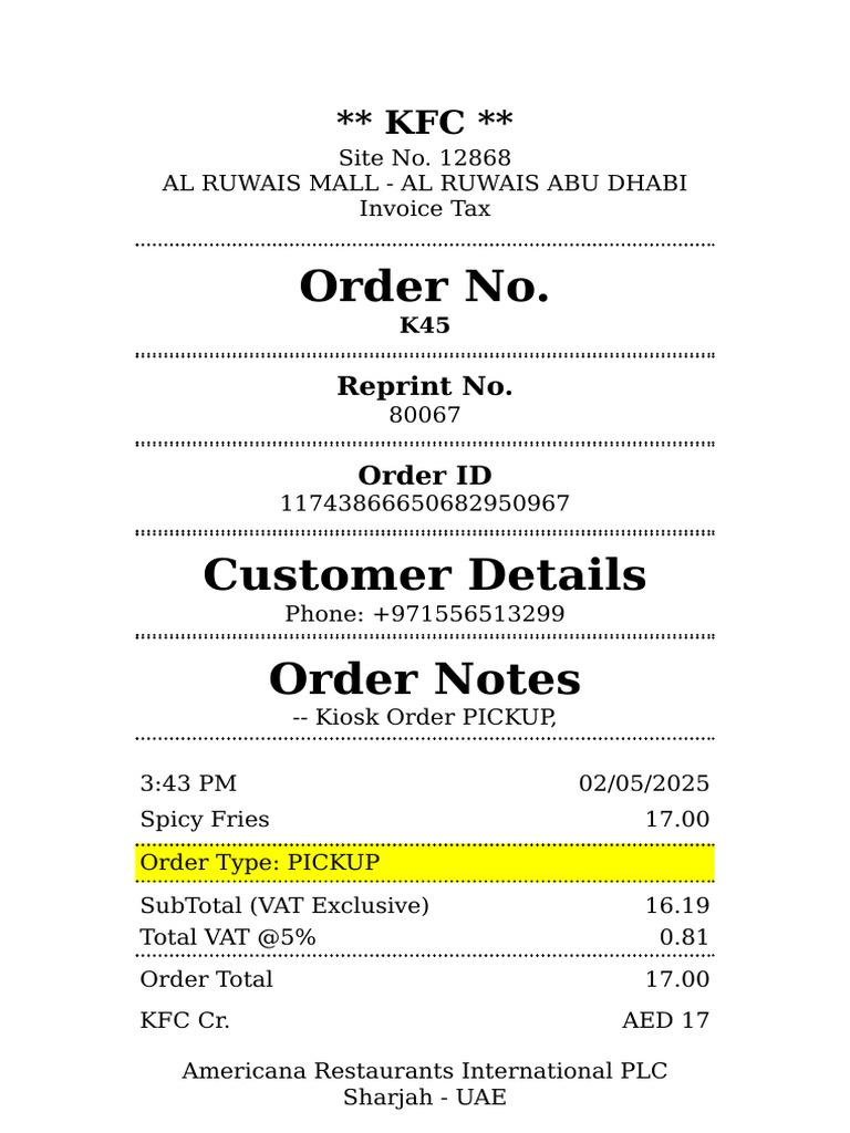 KFC Invoice for Al Ruwais Mall Order | PDF