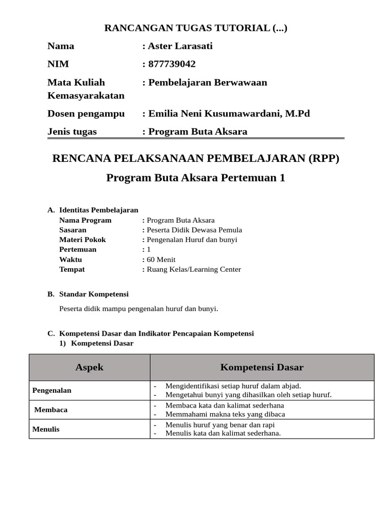 RPP Program Buta Aksara - Pertemuan 1 | PDF