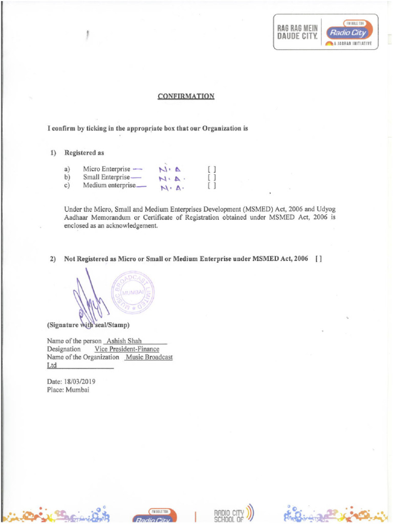 Music Broadcast Limited MSME Letter | PDF