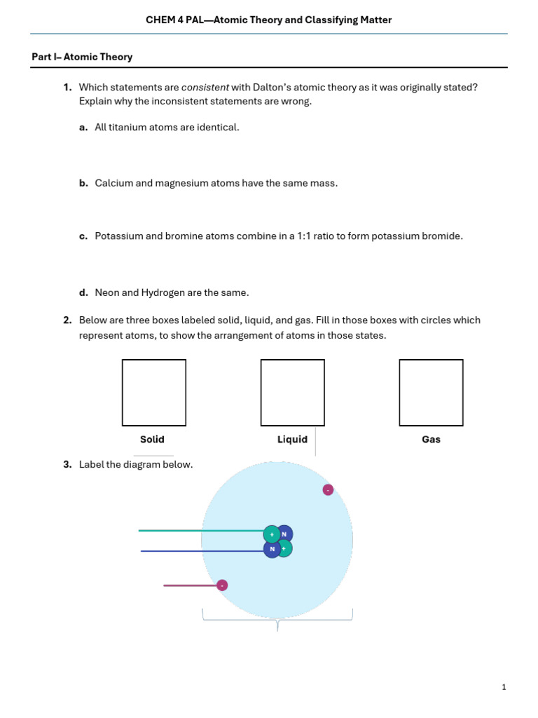 Pal Worksheet 2 Atomic Theory and Classifying Matter | PDF