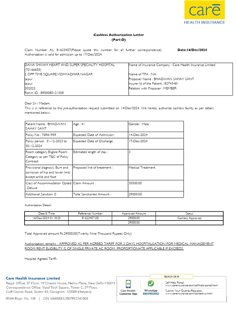 Cashless Authorization Letter for Claim | PDF | Insurance | Deductible