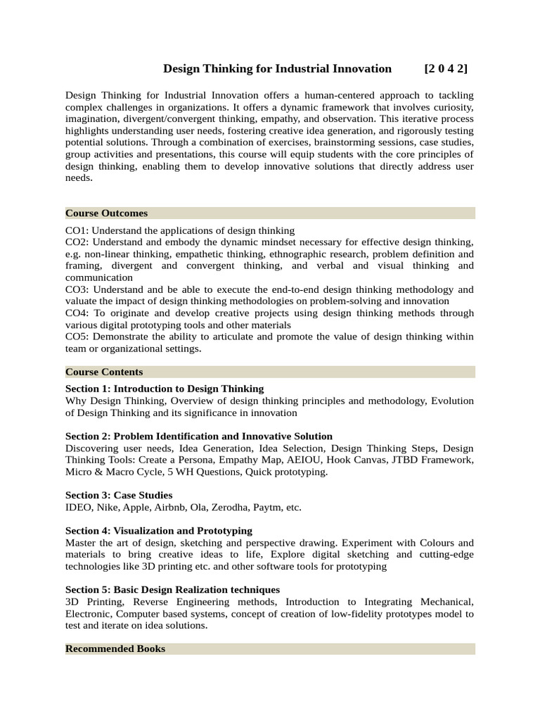 Final Curriculum - Design Thinking For Industrial Innovation | PDF | Design Thinking | Thought