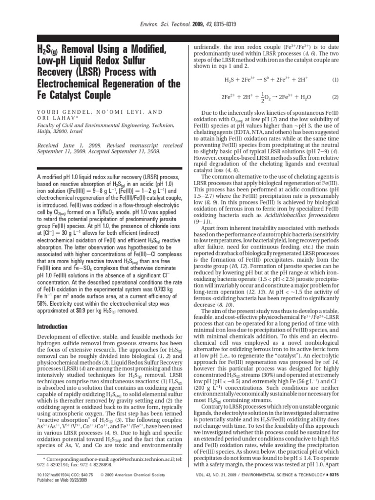 H S Removal Using A Modified, Low-pH Liquid Redox Sulfur Recovery (LRSR ...