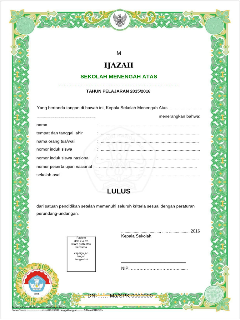 Format Ijazah SMA SPK 2016 | PDF