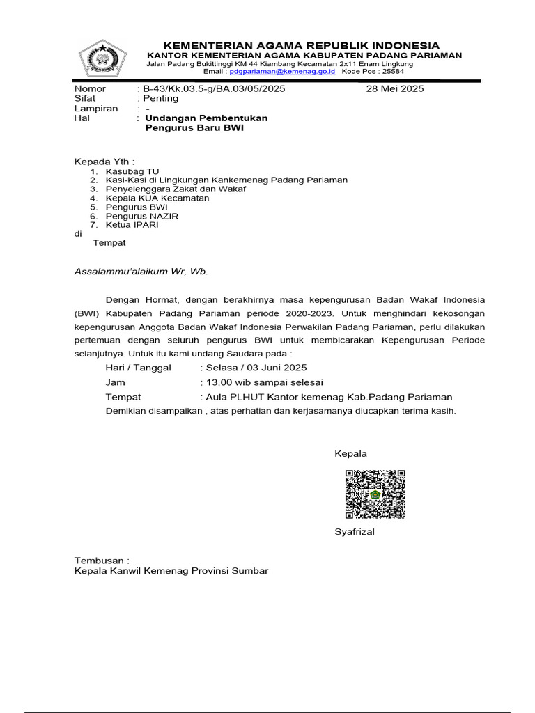 Undangan Pembentukan Pengurus Baru BWI | PDF
