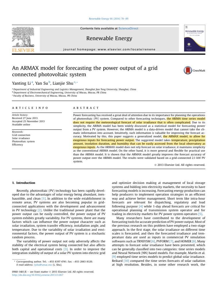 ARMAX Model for PV Power Forecasting | PDF | Autoregressive Integrated ...