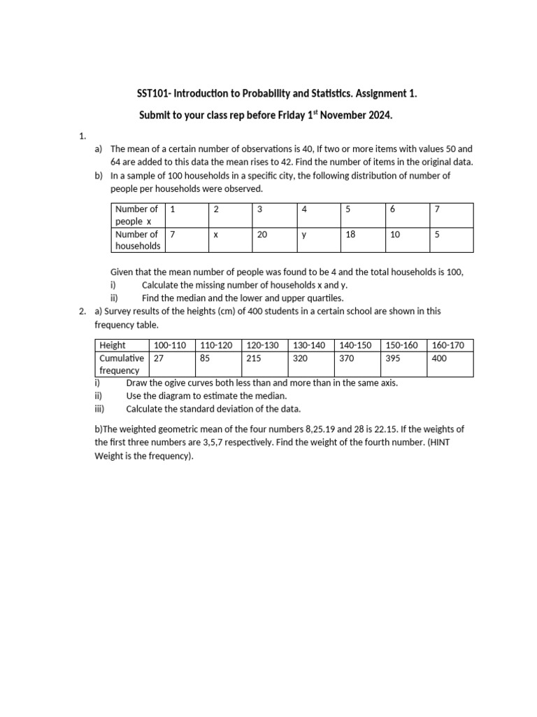 SST101-Introduction To Probability and Statistics. Assignment 1. | PDF