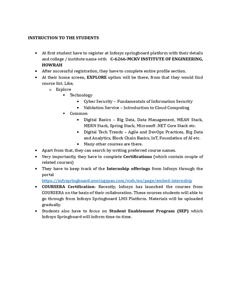 Infosys Springboard Registration Guide | PDF