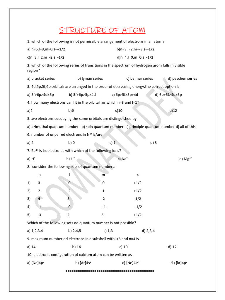 Class 11 Structure of Atom MCQ | PDF