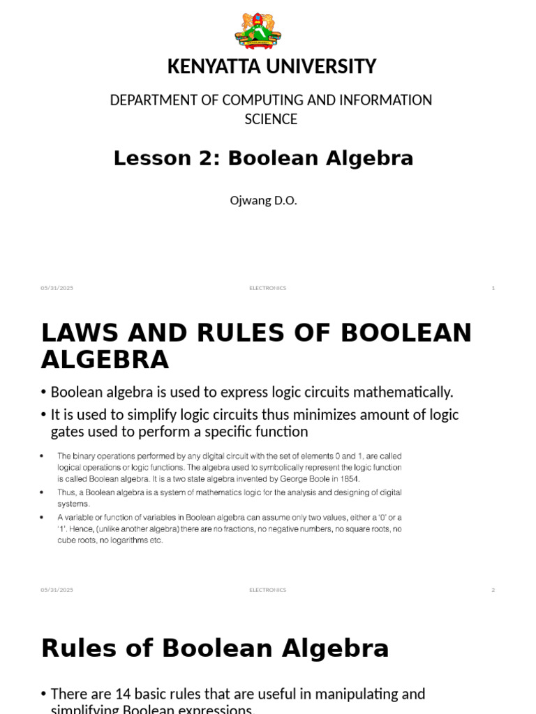 Lesson 2- Boolean Algebra (1) | PDF | Logic Gate | Boolean Algebra